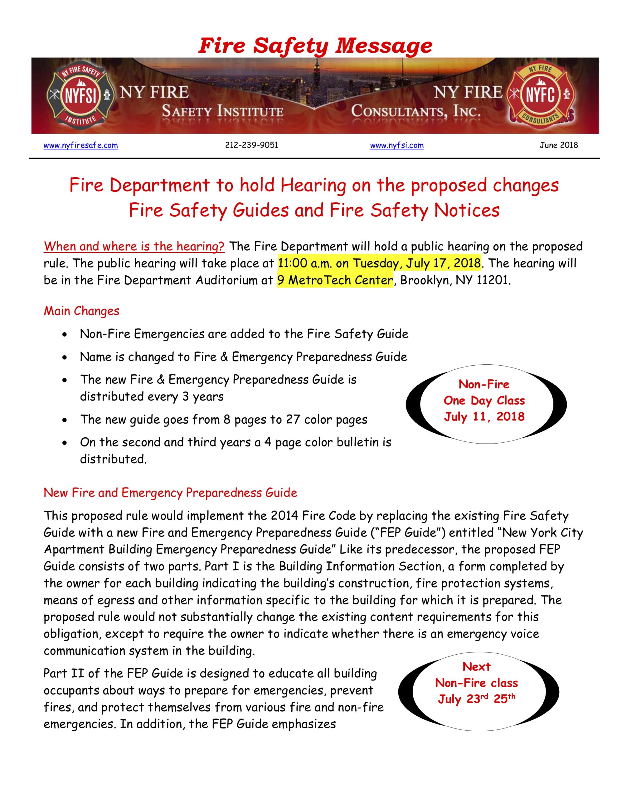 Fire Safety Message June 2018 - NY Fire Consultants Inc.